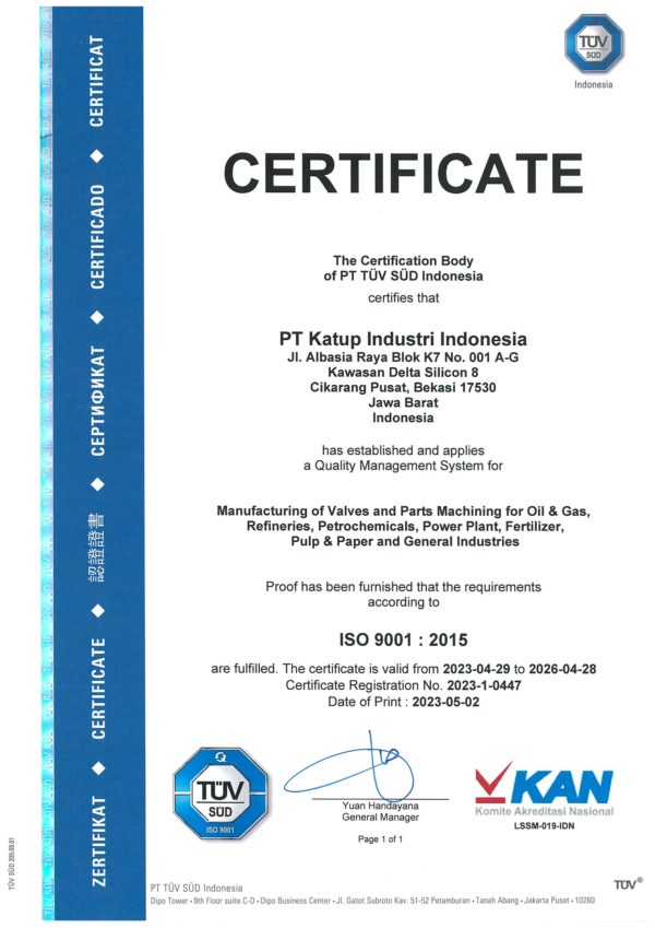 Certificate ISO 9001- PT Katup Industri Indonesia - Katup Industri Indonesia